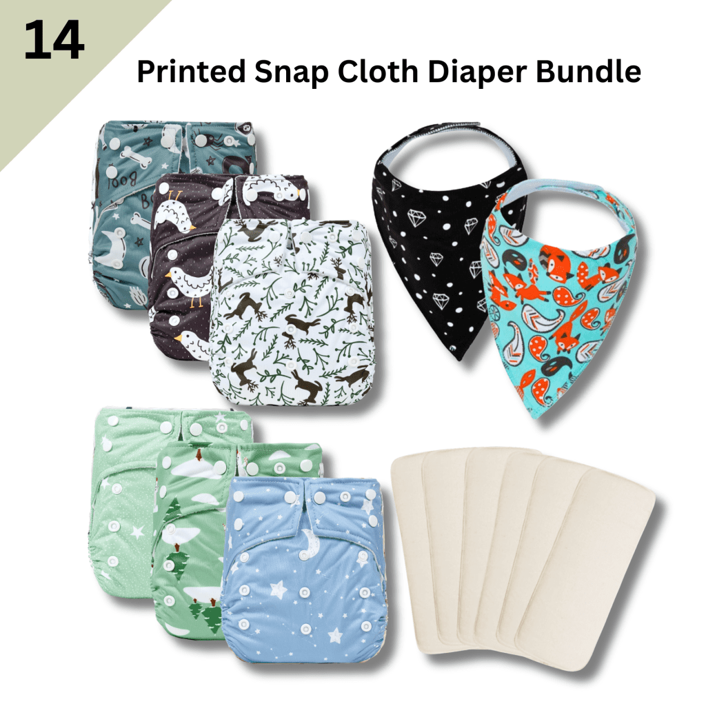 6 One Size Printed Snap Cloth Diapers + 6 Premium Label Bamboo Inserts ...