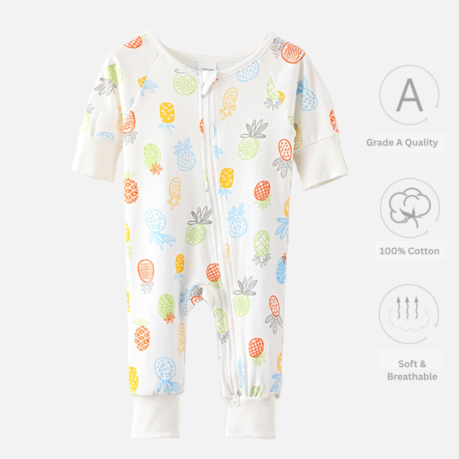 One-Piece Cotton Bodysuit with 2-Way Zipper, Fold-Over Hand Mittens ...
